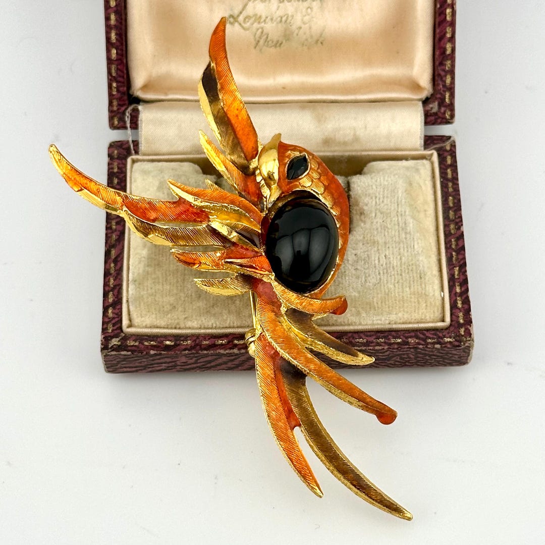 Vintage 1950s Phoenix Jelly Belly Brooch, Firebird Enamel Pin, Black ...