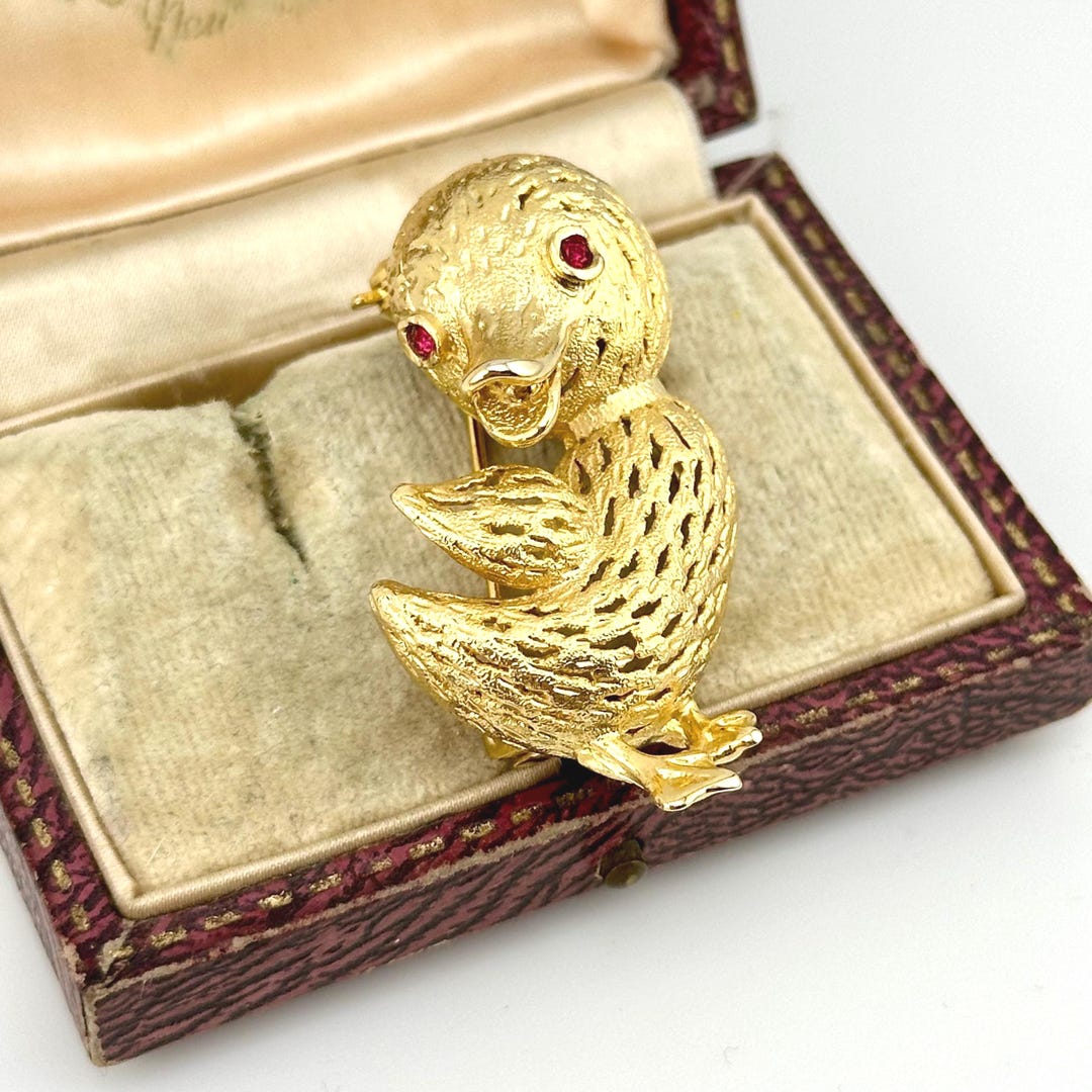Vintage Gold Duck Brooch, 1980s Textured Bird Pin Ruby Red Eyes ...
