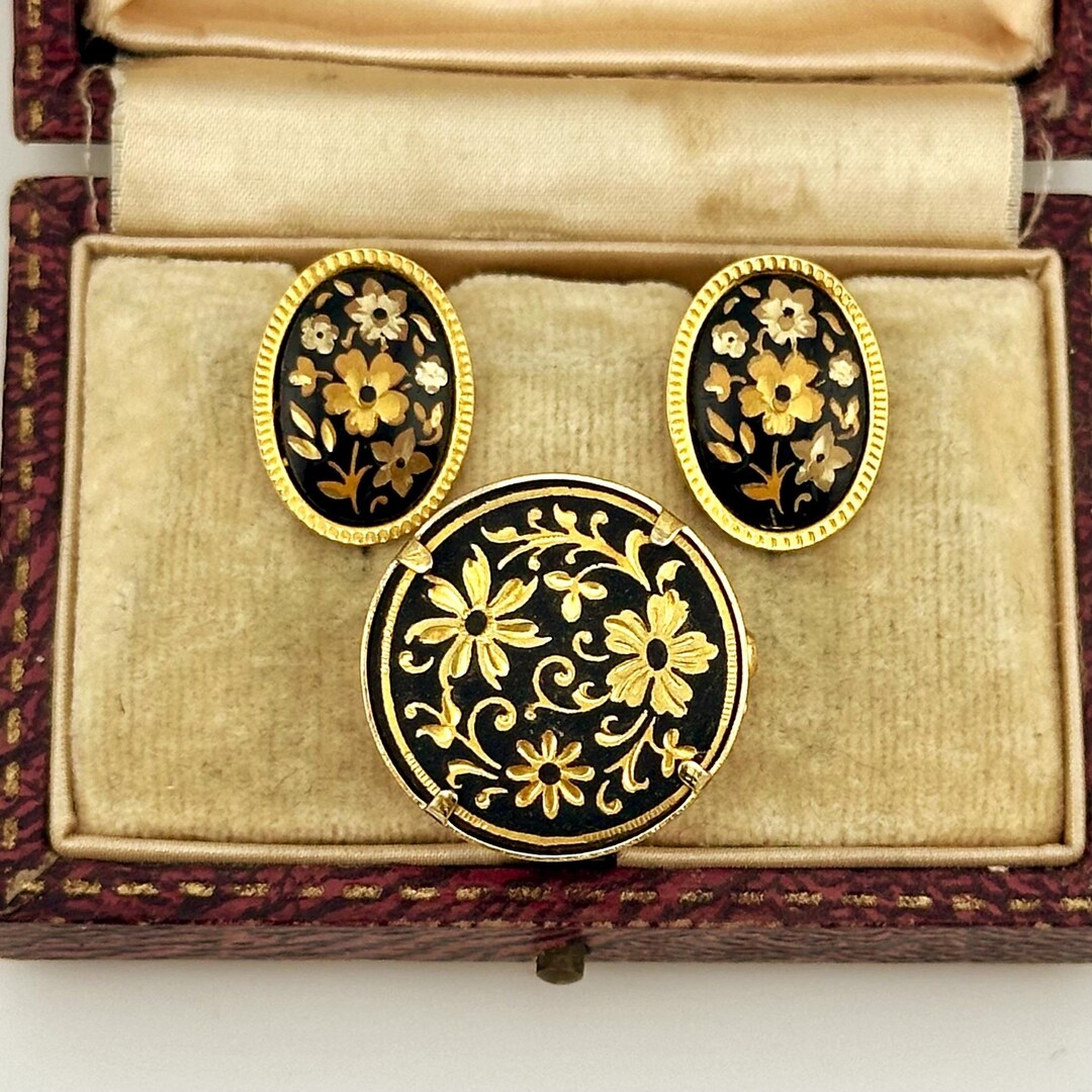 Vintage 1950s Damascene Floral Set, Japanese Kyoto Brooch & Earrings ...