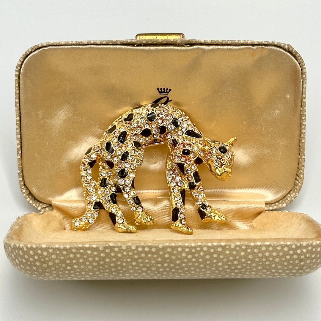 Vintage 1980s Leopard Brooch Enamel Austrian Crystal, Vintage Accessory ...