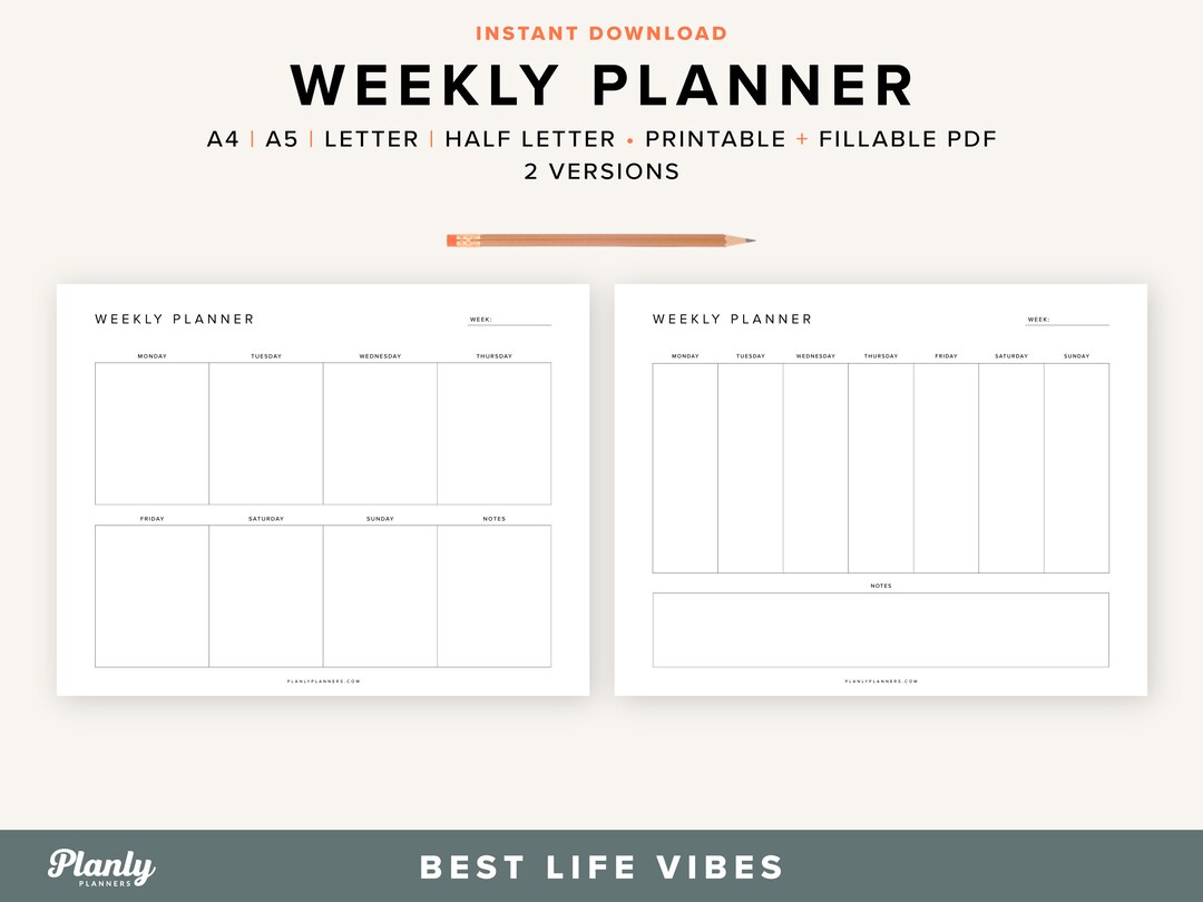 Weekly Minimal Planner Printable, Digital Planner, PDF, Undated Planner ...