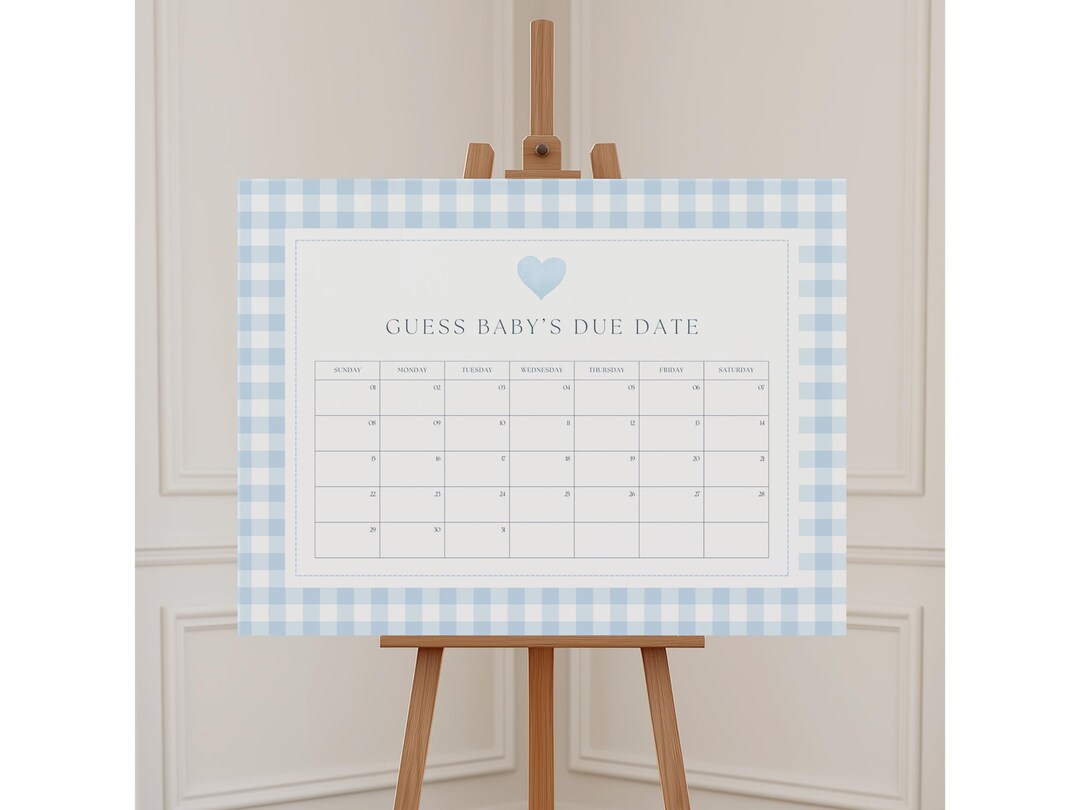 Guess the Baby Due Date Sign Template, Classic Blue Gingham Baby Shower ...