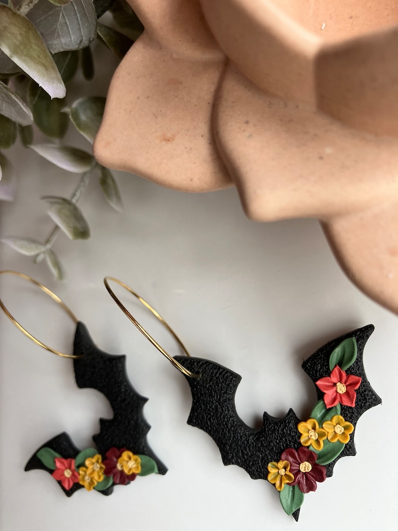 Polymer Clay Bat Earring Halloween Earrings Floral Bat Earring Spooky ...