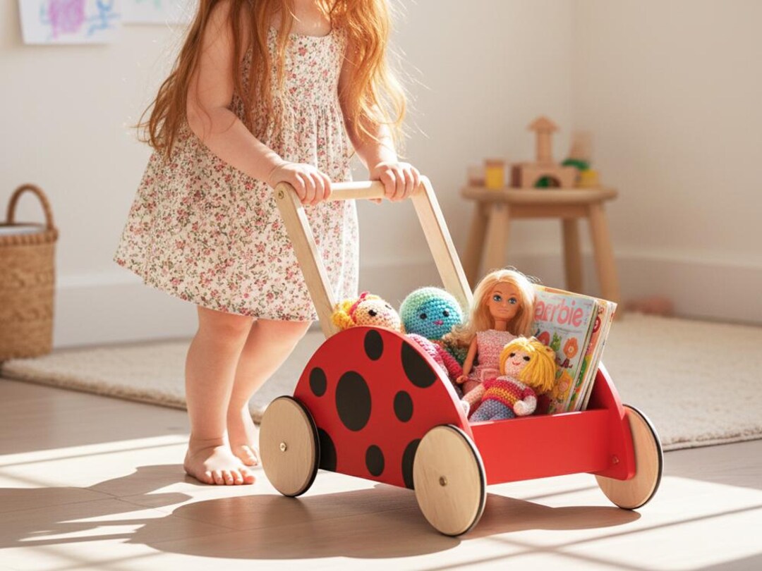 Personalized Ladybug Push Cart, Wooden Walker Wagon With Toy Storage ...