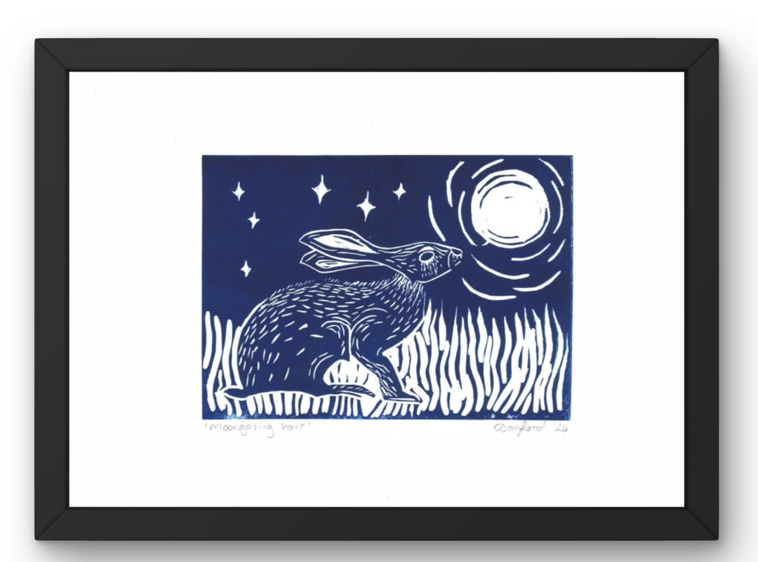 Moongazing Hare in Blue | Lino Print Digital, Animal Art Poster, Hare ...