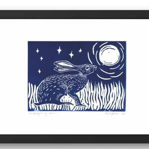Moongazing Hare in Blue | Lino Print Digital, Animal Art Poster, Hare ...