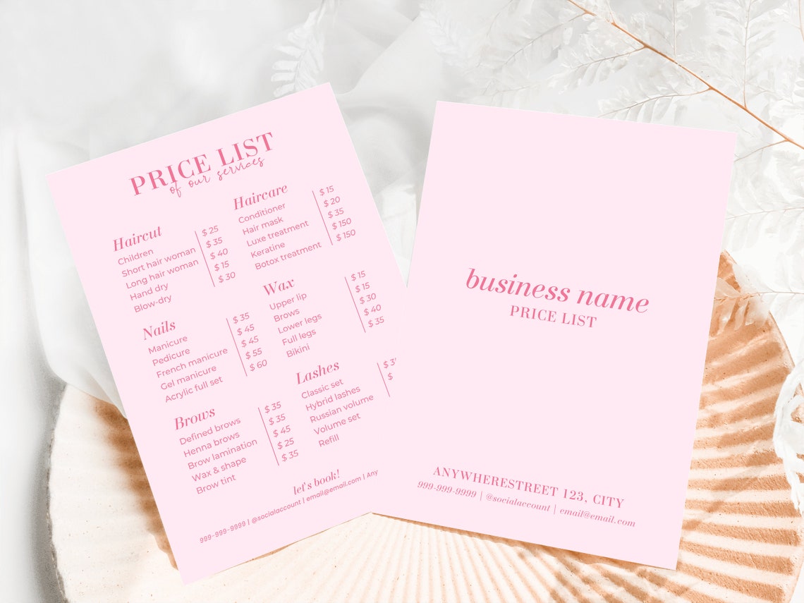 Pink Price List Template Salon Price List Template Price - Etsy
