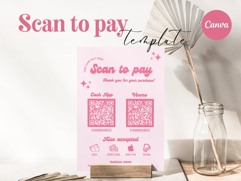 Printable Payment Sign, Retro Pink Scan to Pay Template, QR Payment ...