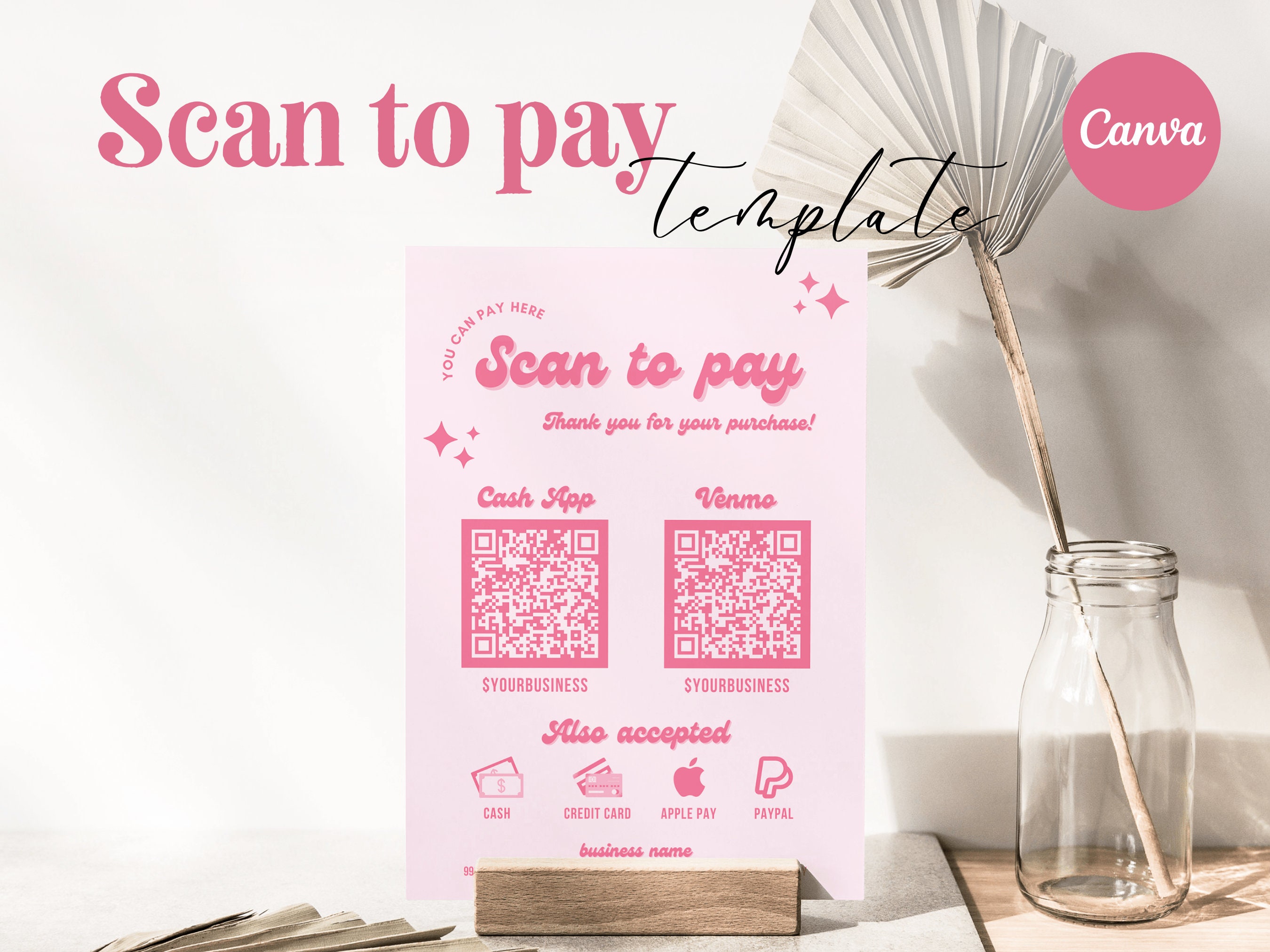Printable Payment Sign, Retro Pink Scan to Pay Template, QR Payment ...