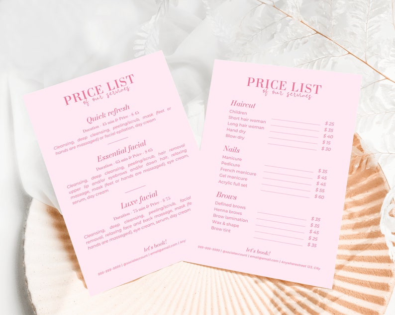 Pink Price List Template Salon Price List Template Price - Etsy