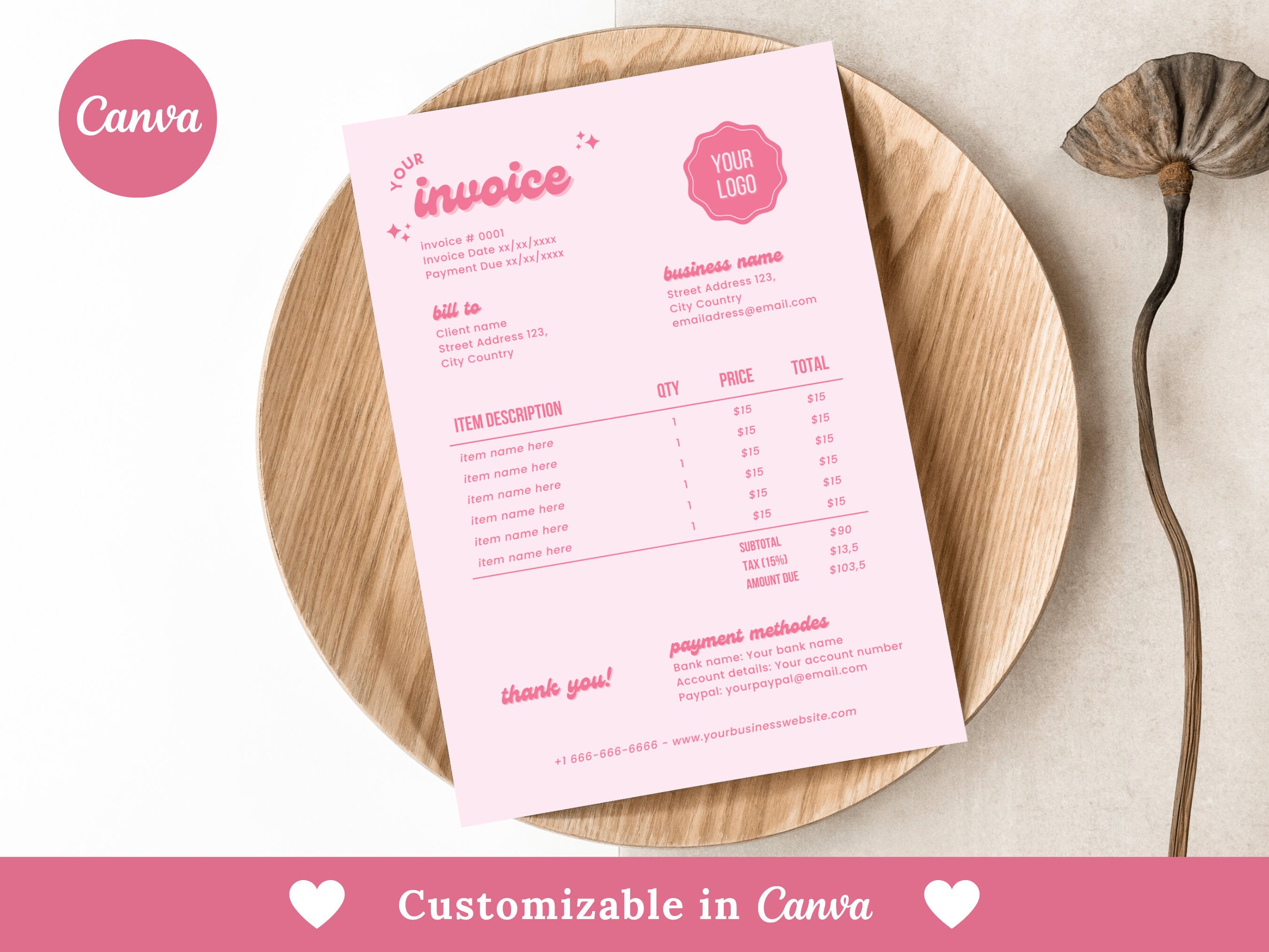 Retro Pink Invoice Template for Small Business, Retro Pink Invoice ...
