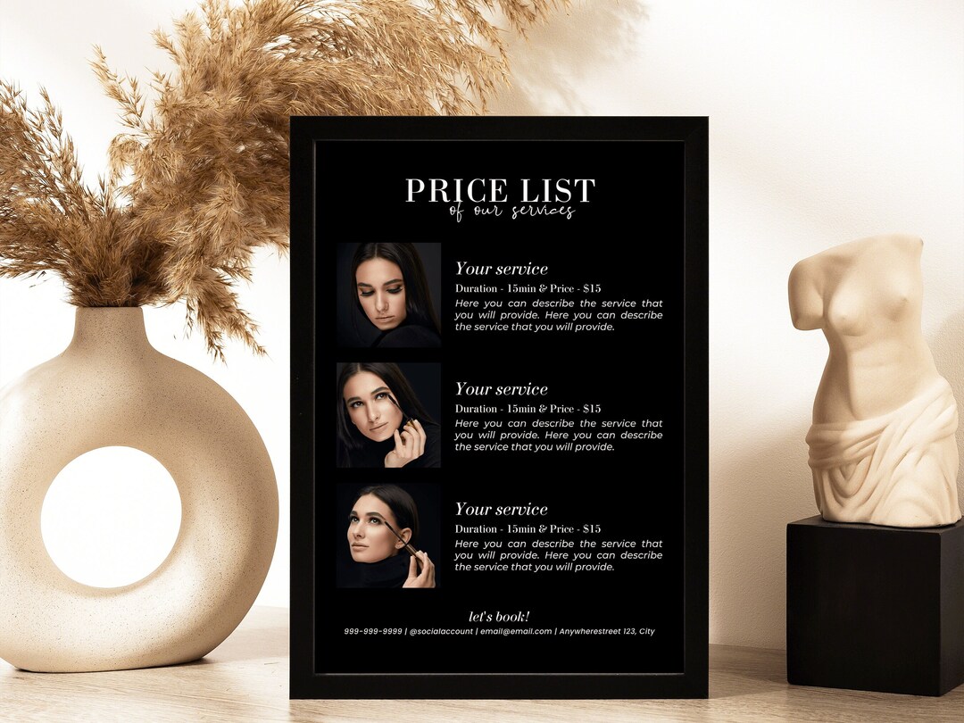 Black Price List, Black Price List Template, Lash Price List, Salon ...
