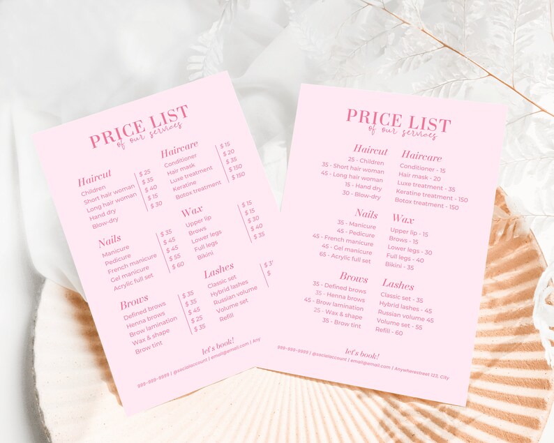 Pink Price List Template Salon Price List Template Price - Etsy