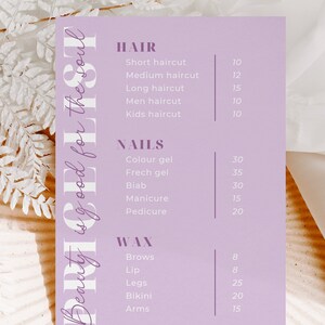 Purple Price List Template, Salon Price List Template, Salon Service ...