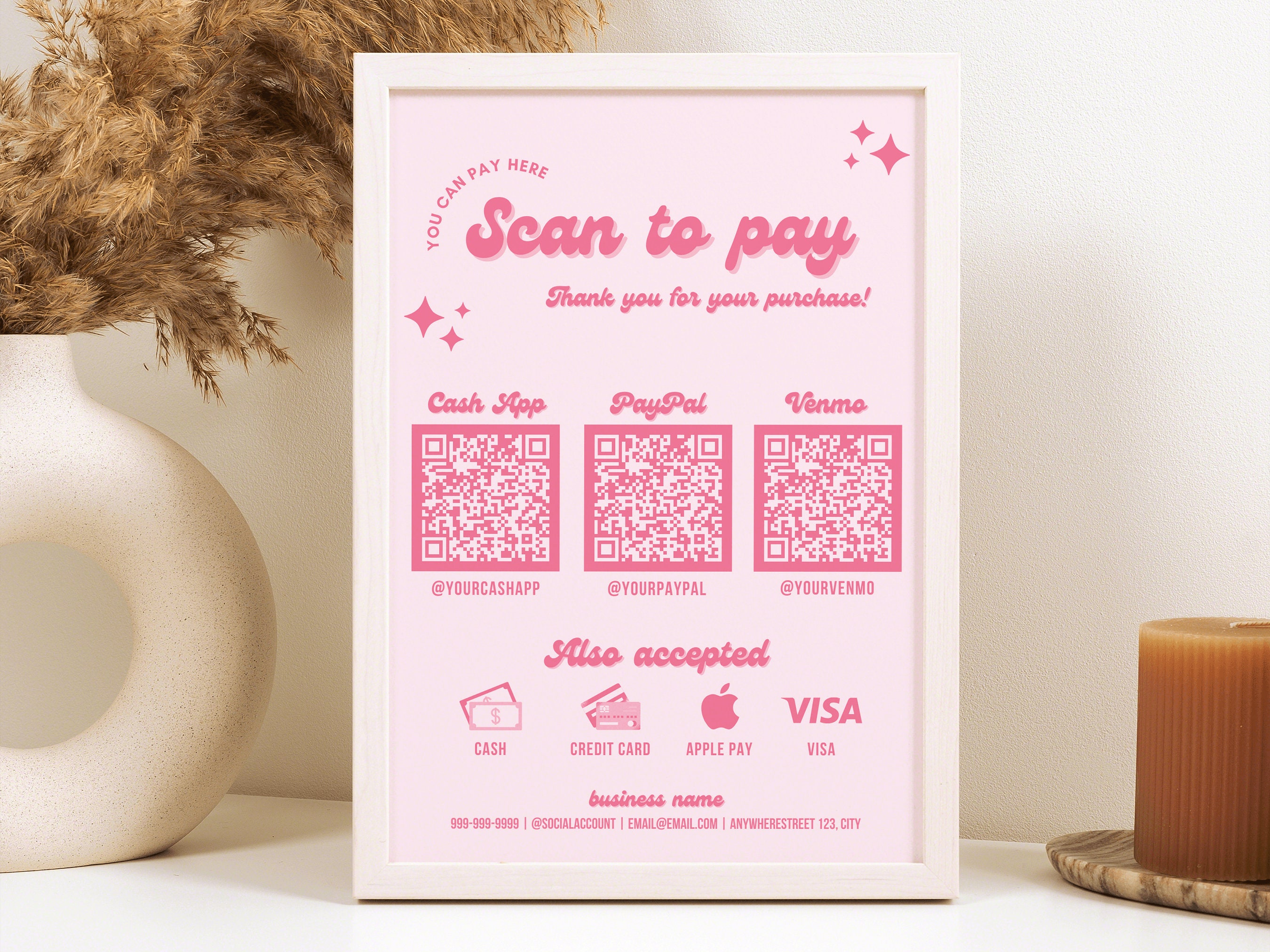 Printable Payment Sign, Retro Pink Scan to Pay Template, QR Payment ...