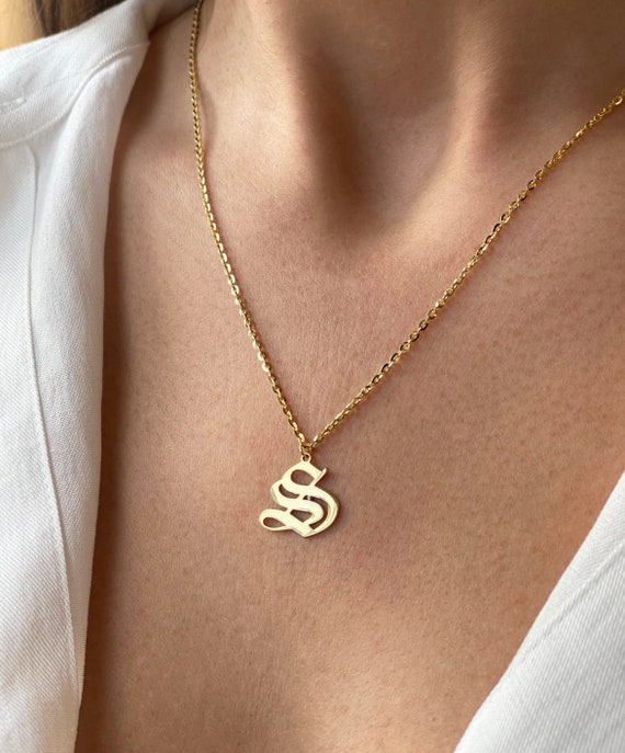 Old English Initial Necklace Old England Jewelry Old English Letter Necklace Gothic Initial Necklace Initial Necklace Gift for Her Etsy