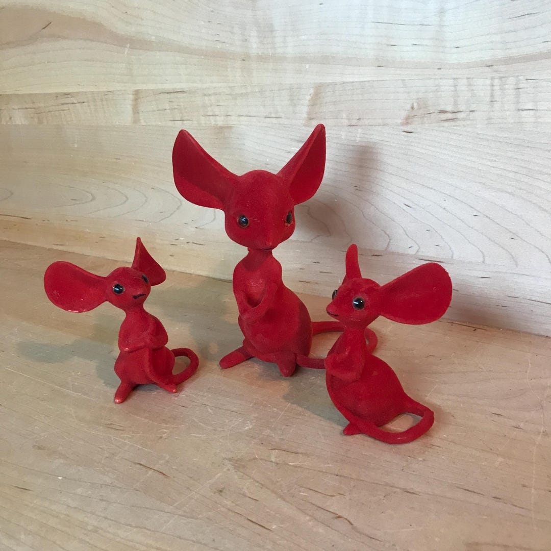 Vintage Flocked Mice Set Midcentury Red Velvet Holiday Christmas Home ...
