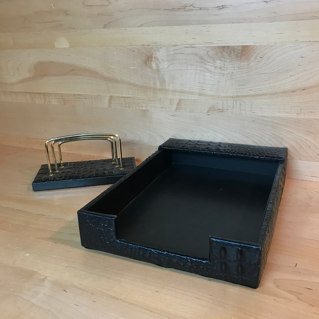 Vintage Desk Set Paper Tray With Letter Bill Note Rack Midcentury Black ...