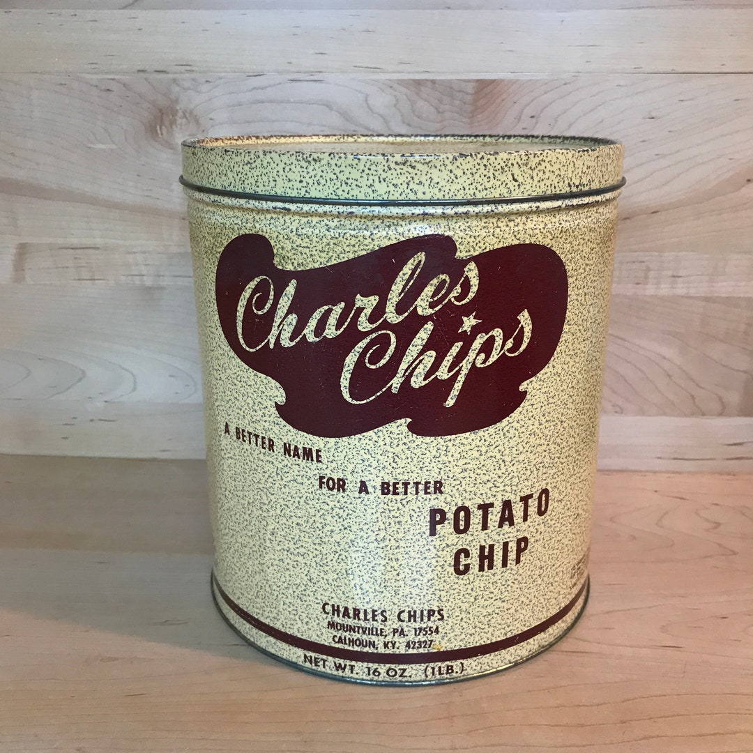 Vintage Charles Chips Tin Midcentury Metal Potato Chip Container Shabby ...