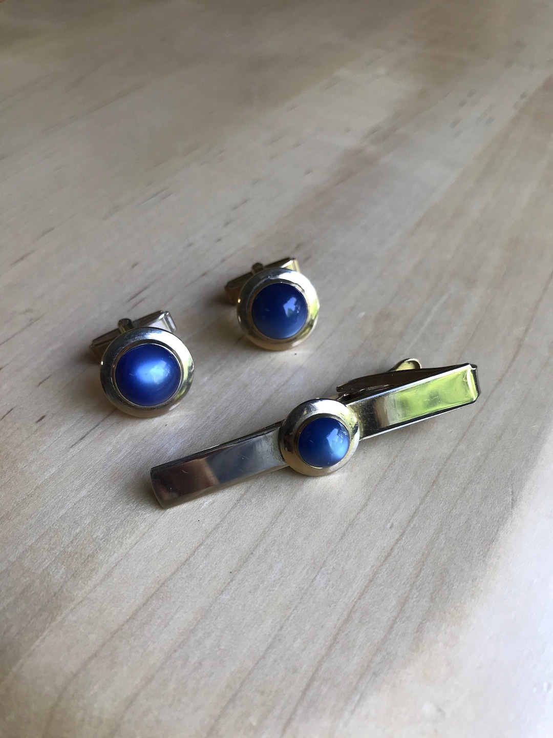 Vintage Gold Tone Tie Clip Cufflink Set: Mid Century Blue Faux Gem - Etsy