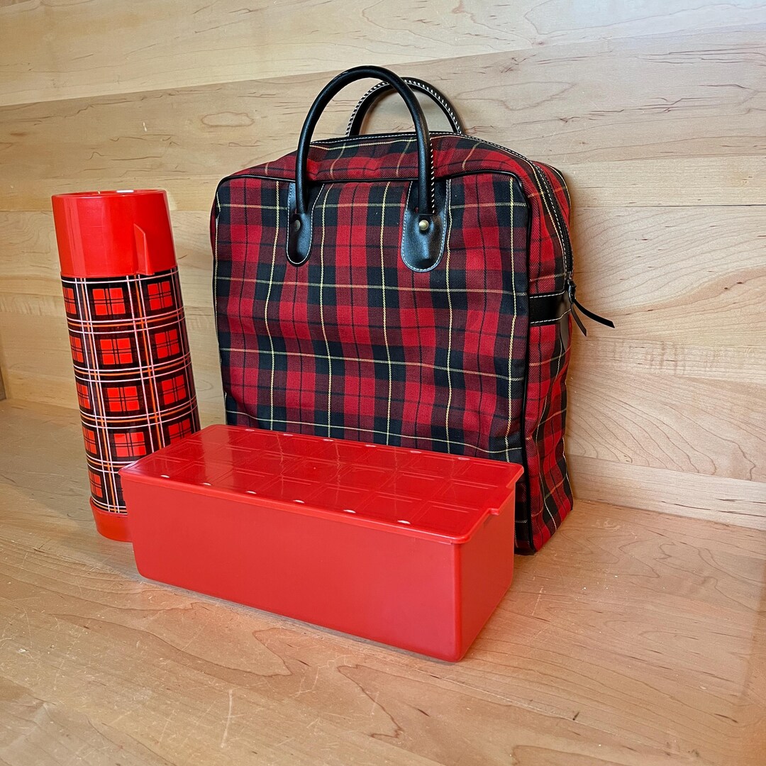 Vintage Plaid Picnic Bag Set: Mid-century Aladdin Tartan Carryall - Etsy