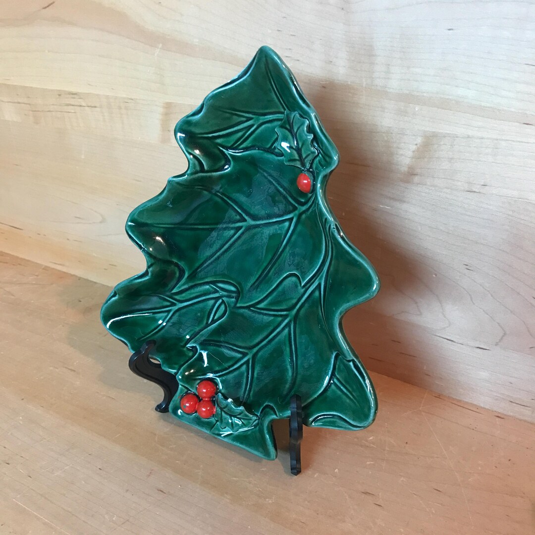 Vintage Ceramic Holly Leaf Christmas Tree Candy Dish Midcentury Lefton ...