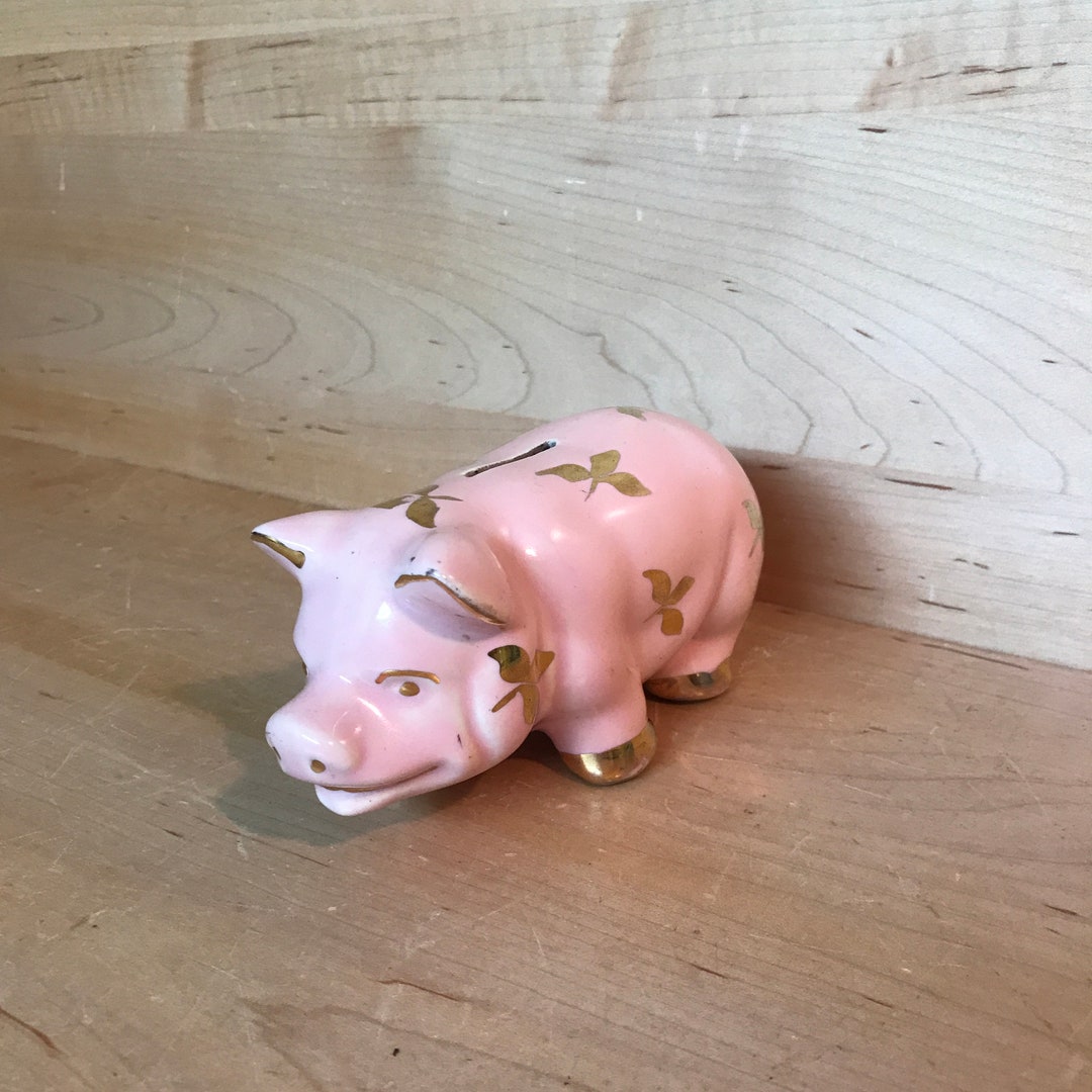 Vintage Porcelain Piggy Bank Pink Ceramic Coin Pig With Gold Accents - Etsy