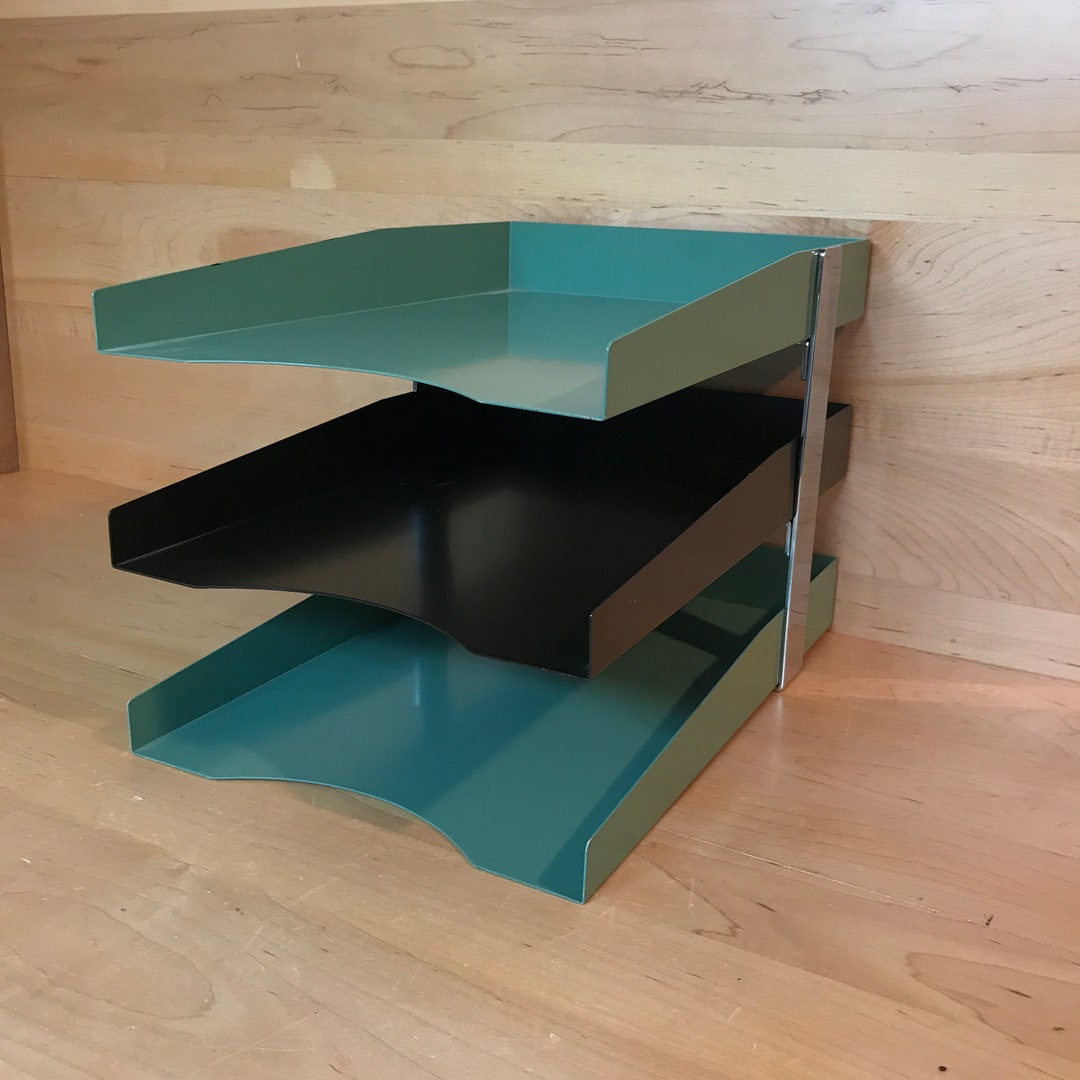 Vintage Steel Paper Tray Midcentury In-box Out-box Black Teal Office ...
