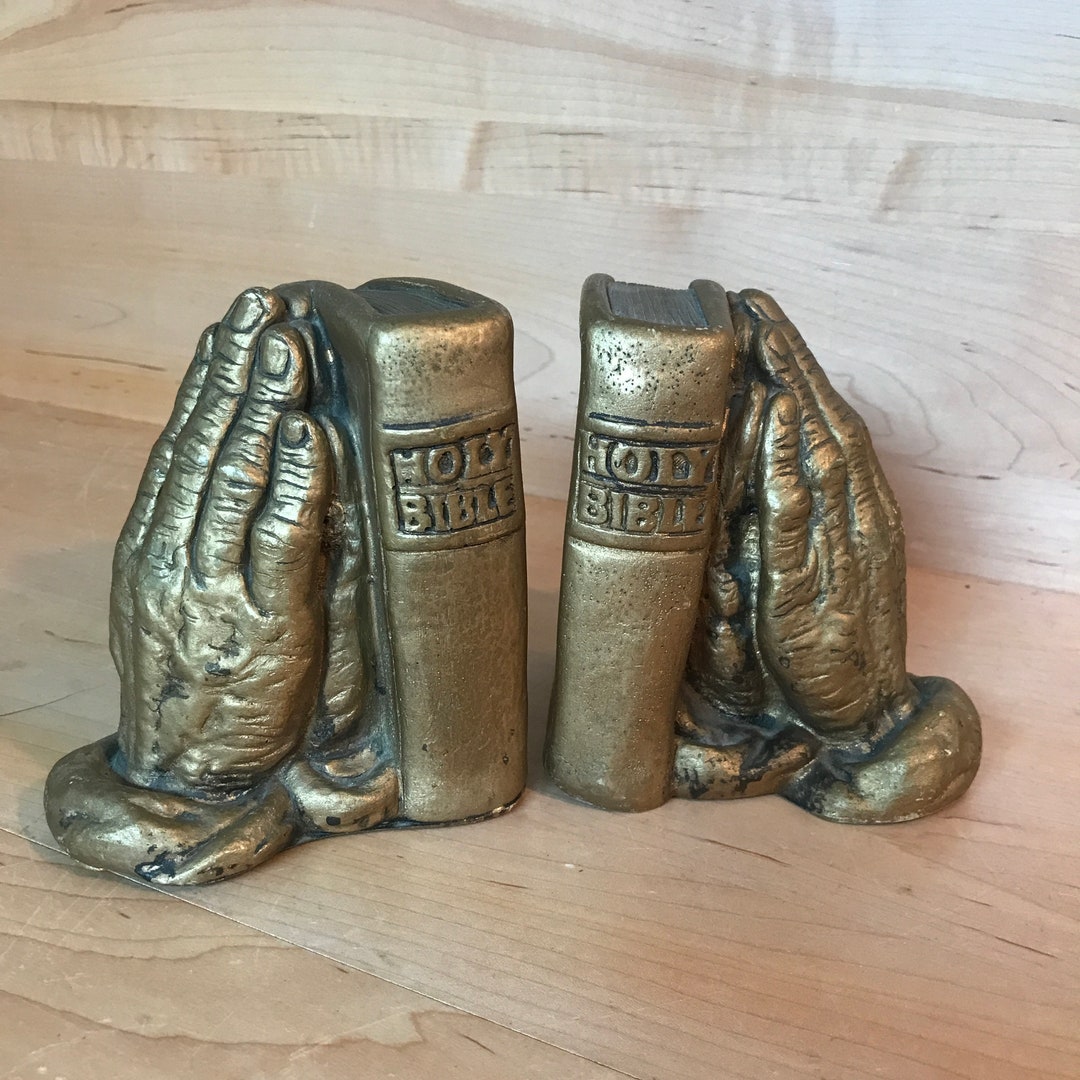 Vintage Bible Book Ends Midcentury Gold Praying Hands Religious Library ...