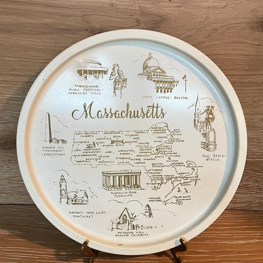 Vintage Massachusetts State Metal Tray: Midcentury Souvenir Home Wall ...