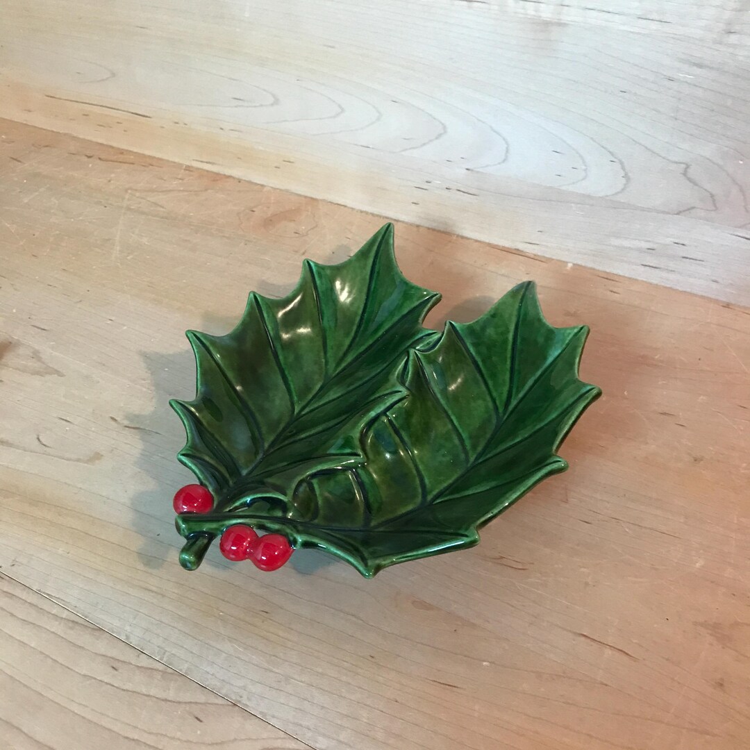 Vintage Ceramic Holly Leaf Christmas Tree Candy Dish Midcentury ...