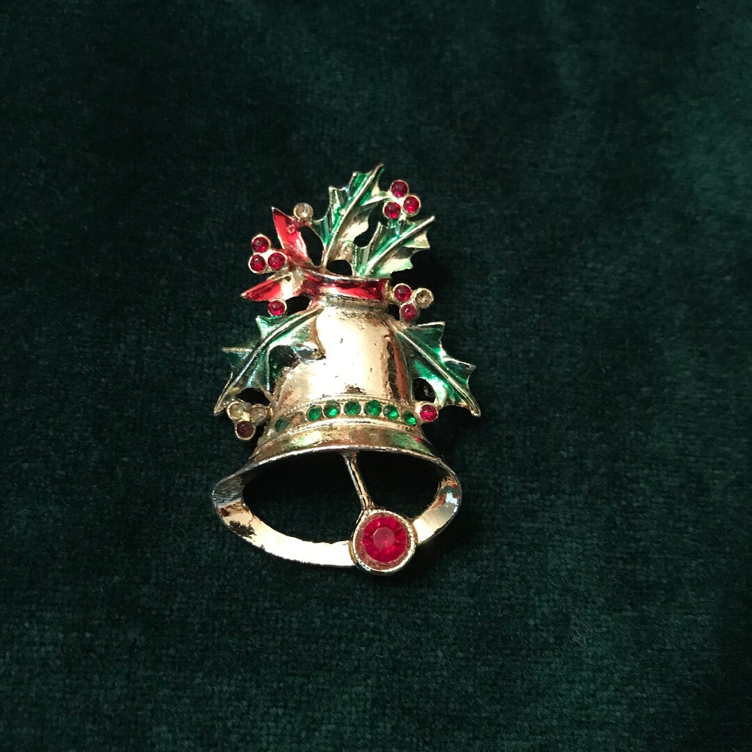 Vintage B.J. Christmas Bell Brooch Gold Rhinestone Holiday Jewelry Pin ...