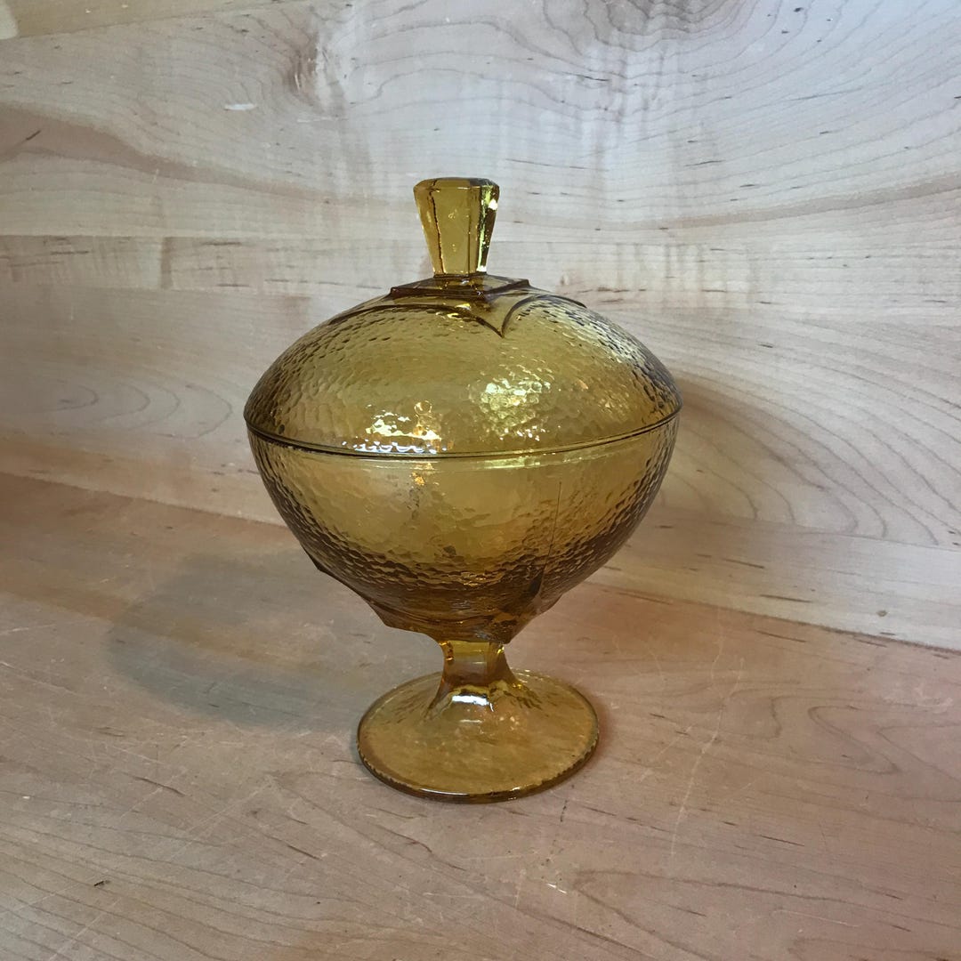 Vintage Amber Glass Candy Dish Midcentury Gold Covered Treat Serving ...