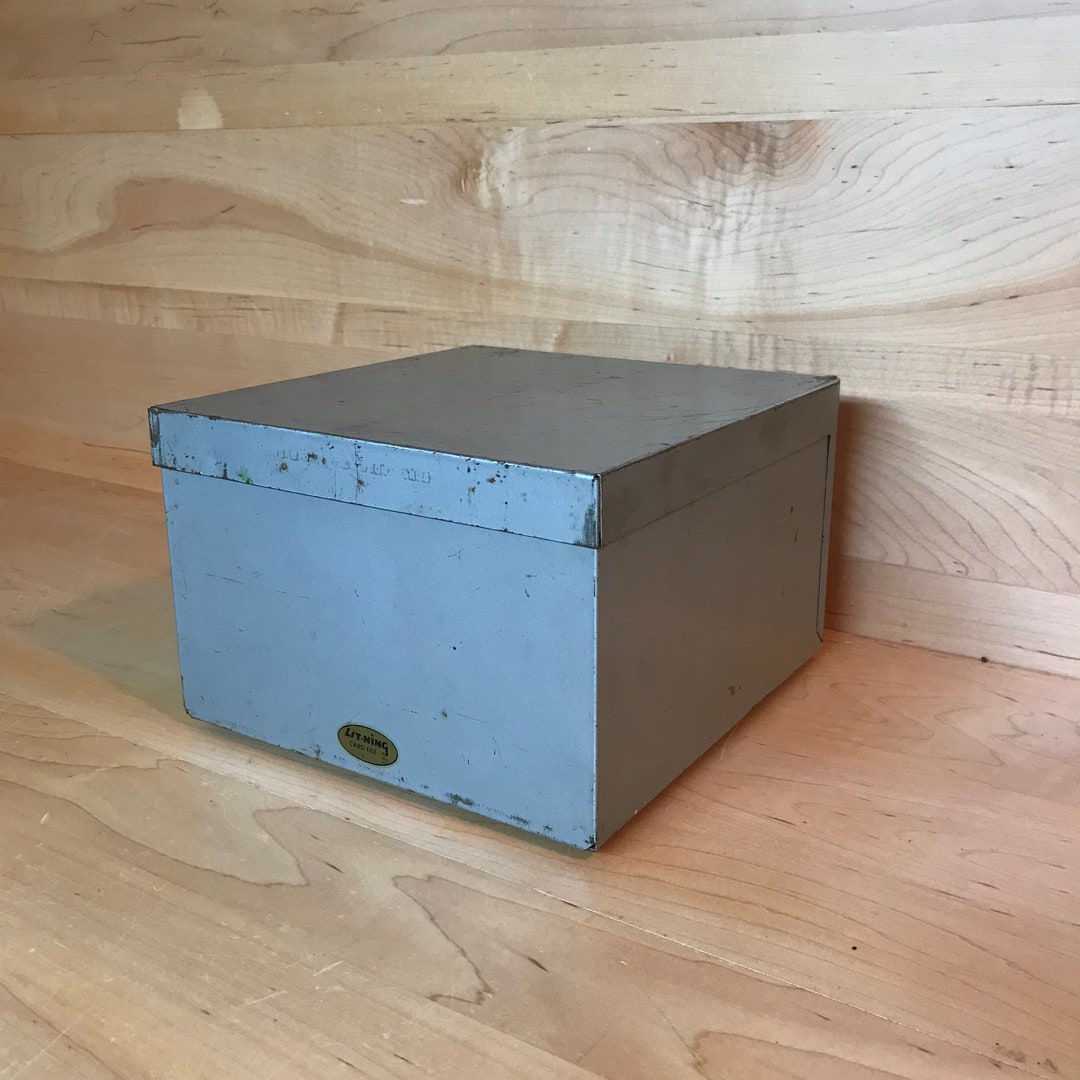 Vintage Large Index Card File Box Midcentury Lit-ning 1950s Gray Metal ...