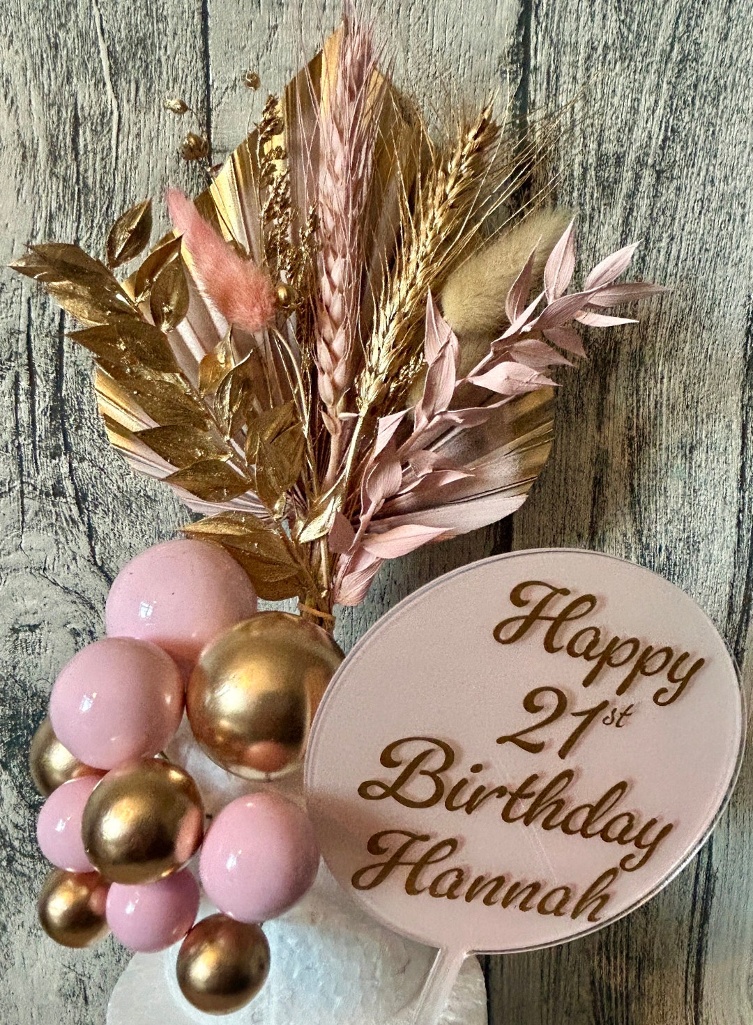 Blush Pink & Gold Dried Flower Cake Topper: Mini Bouquet, Palm Spear - Etsy