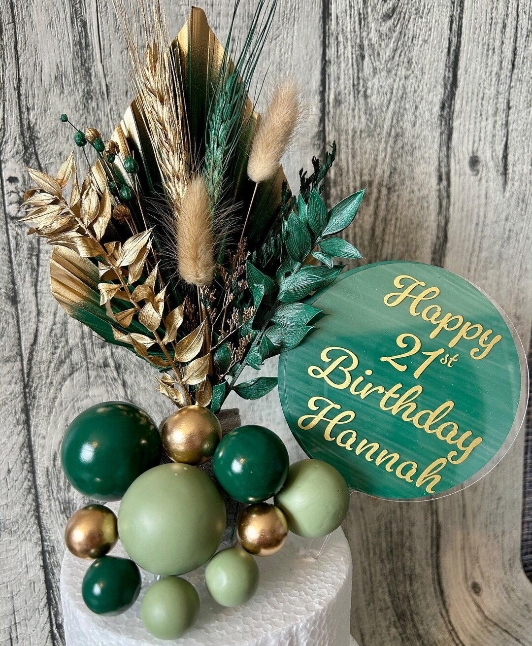 Emerald Green and Gold Dried Flower Cake Topper, Cake Paddle, Palm ...