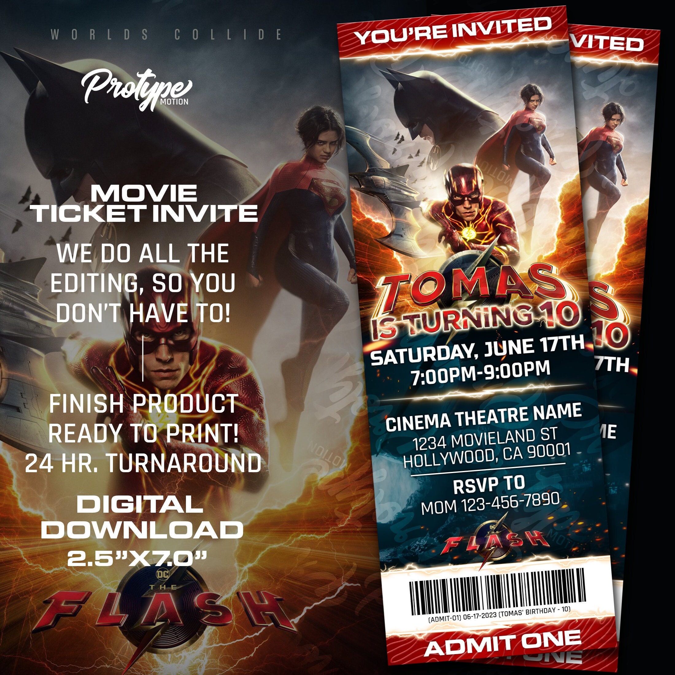 Flash Party Movie Ticket Invitation Flash Super Hero Party Invite Bat ...