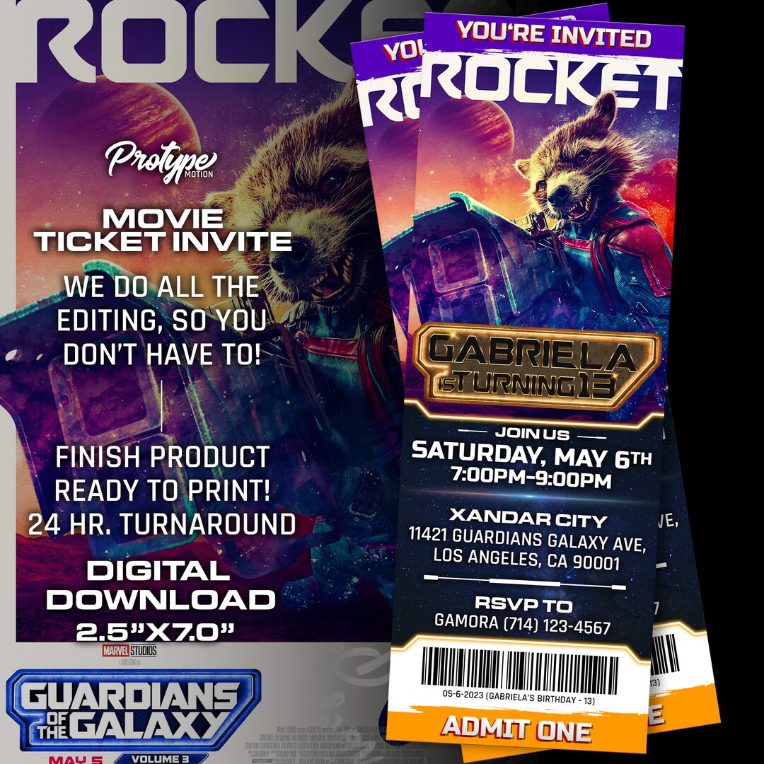 Guardians of the Galaxy 3 Ticket Invitation, Movie Ticket, Guardians of ...
