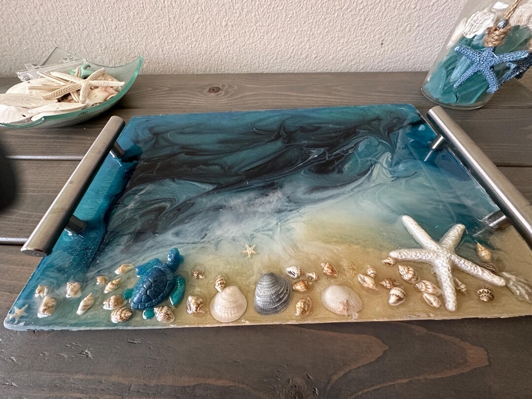 Ocean Dreams Resin Tray – Coastal Waves, Florida Seashells, Beach Sand & Starfish With Chrome ...