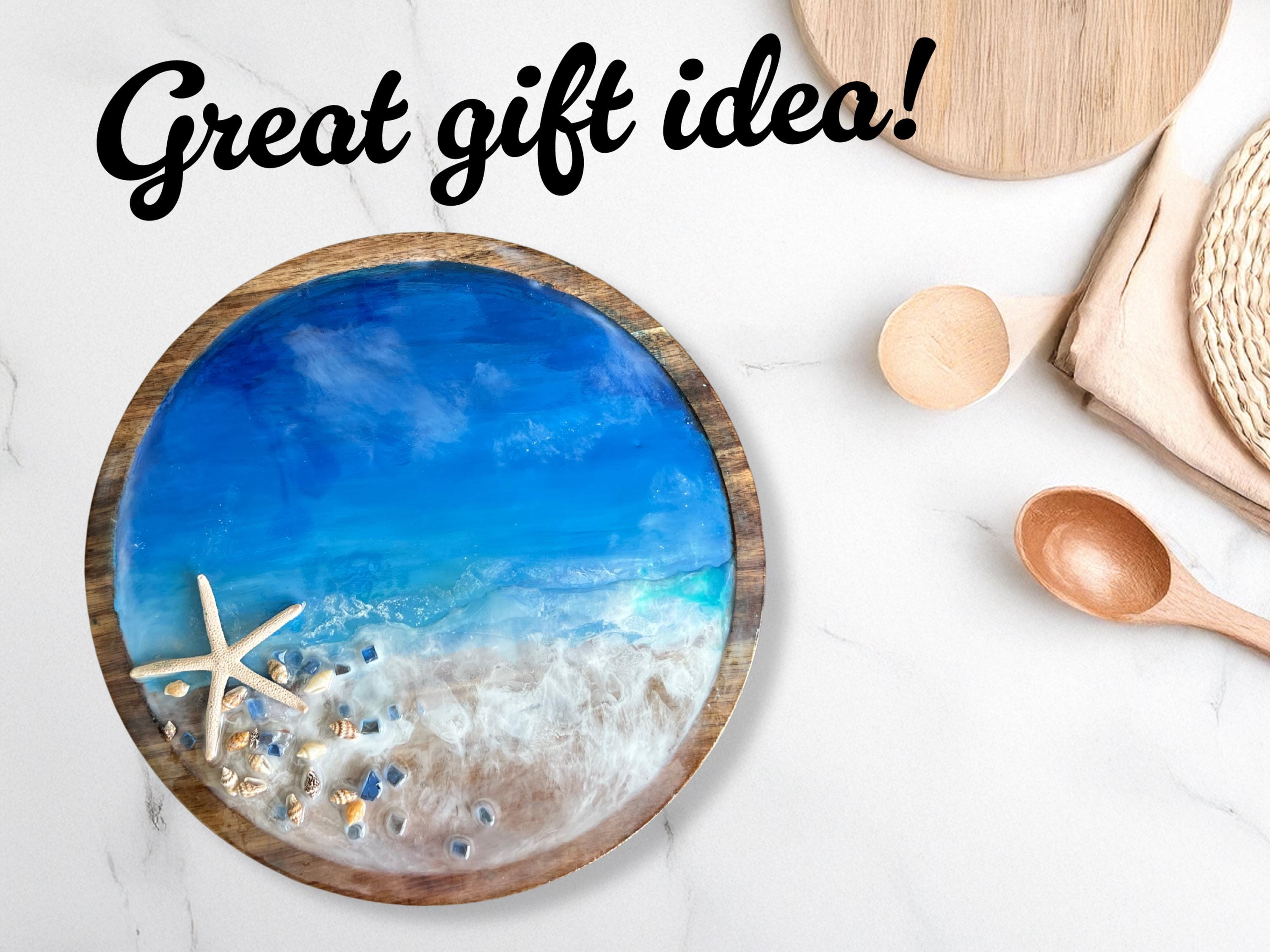Beach Resin Lazy Susan – 12” Acacia Wood Turntable With Starfish, Glass ...