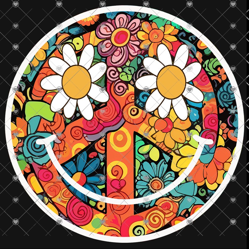Retro Hippy Happy Face Colorful Peace Sign Png, Retro Happy Face ...