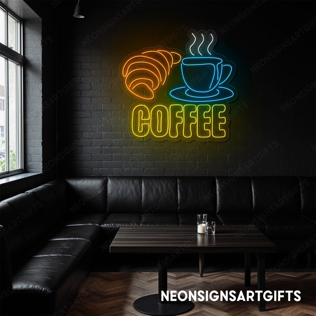 Coffee and Croissant Led Neon Sign, Hot Coffee Cup With Croissant LED ...