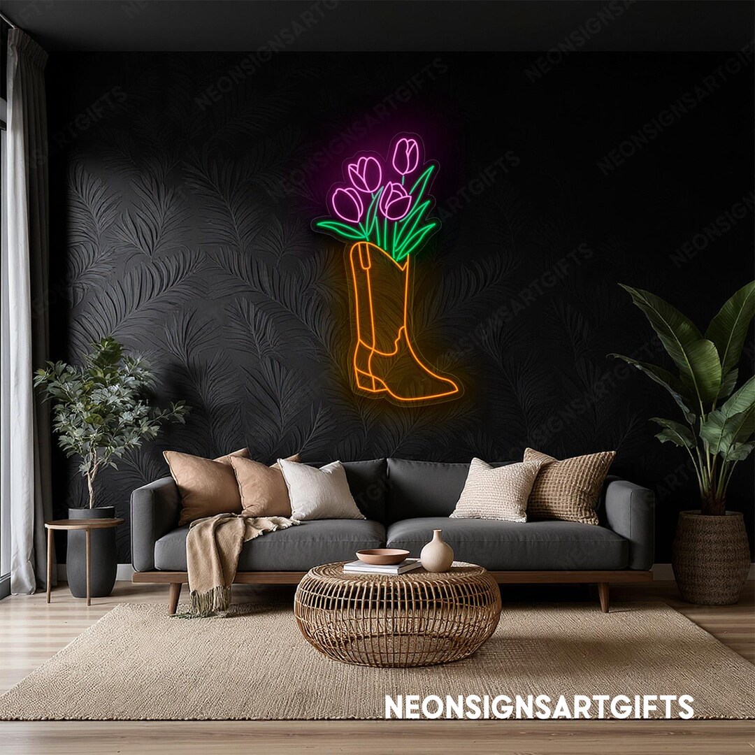 Cowboy Boot With Flowers Neon Sign, Western Boot Floral Led Sign ...