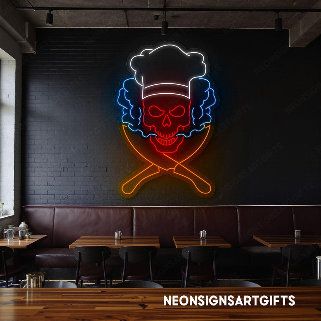 Chef Skull Neon Sign, Skull Chef Led Wall Light With Crossed Knives ...