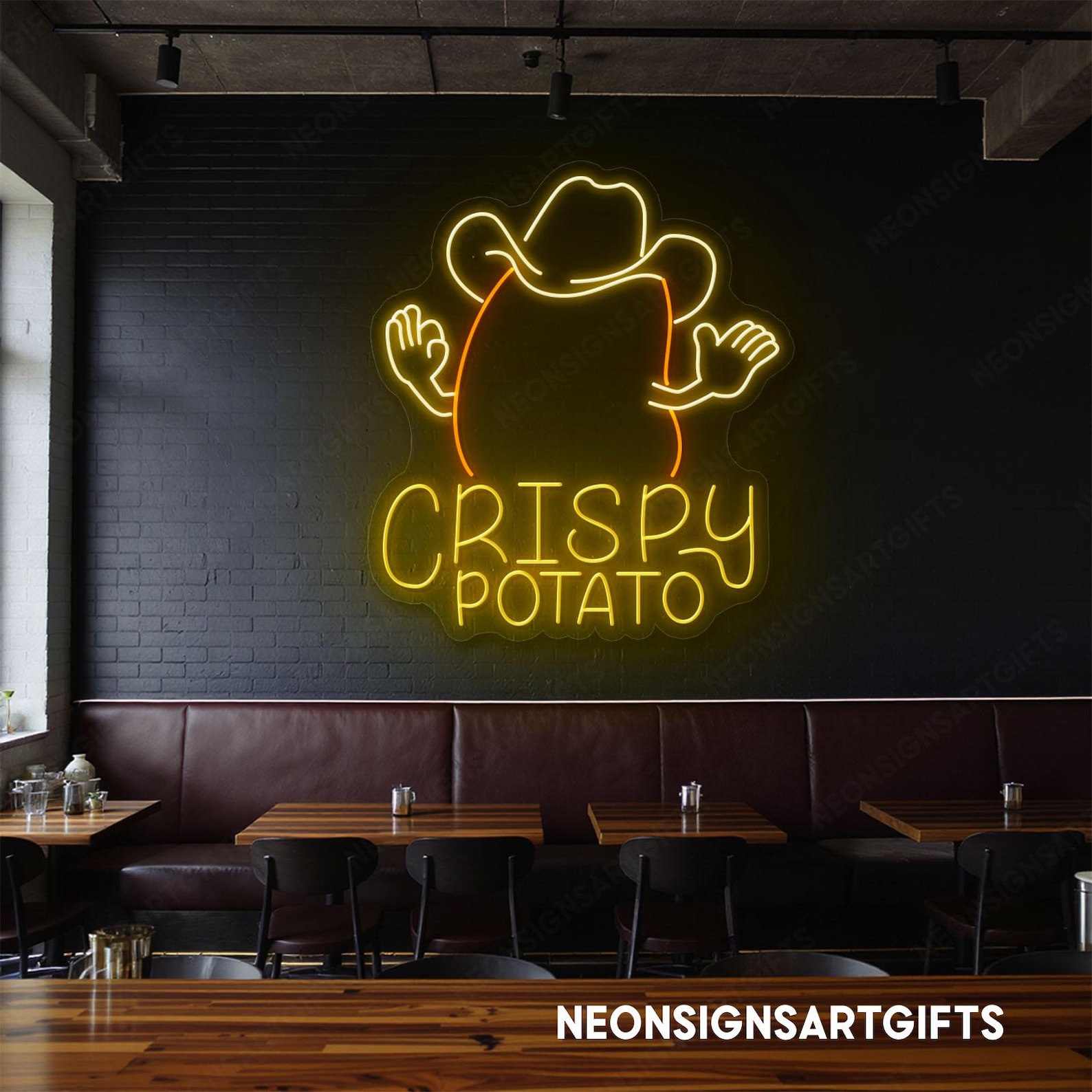 Crispy Potato Neon Sign, Crisps Fries Cowboy Spud Led Wall Light ...