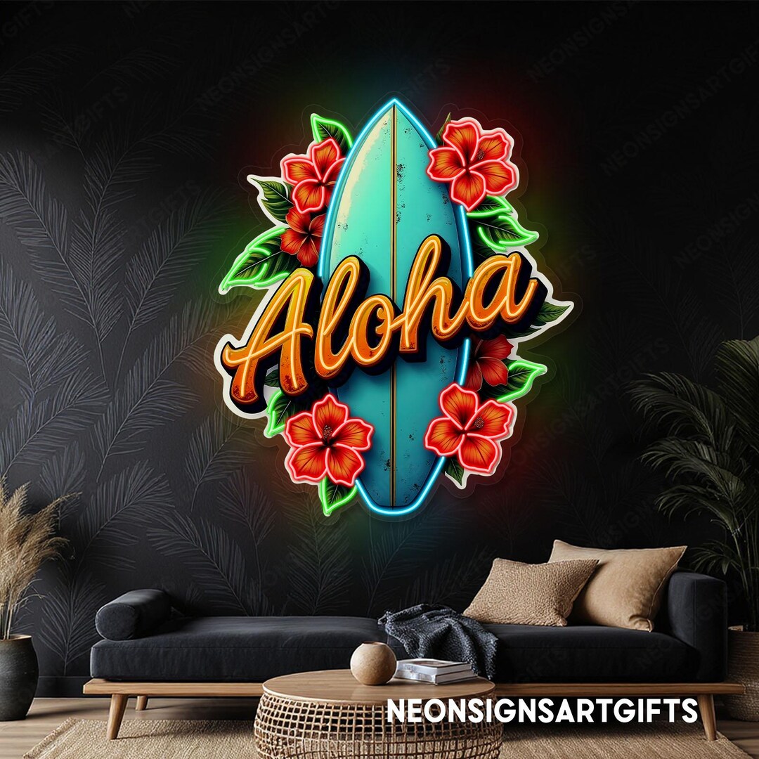 Aloha Tropical Surfboard Neon Wall Light With Hibiscus Flowers ...
