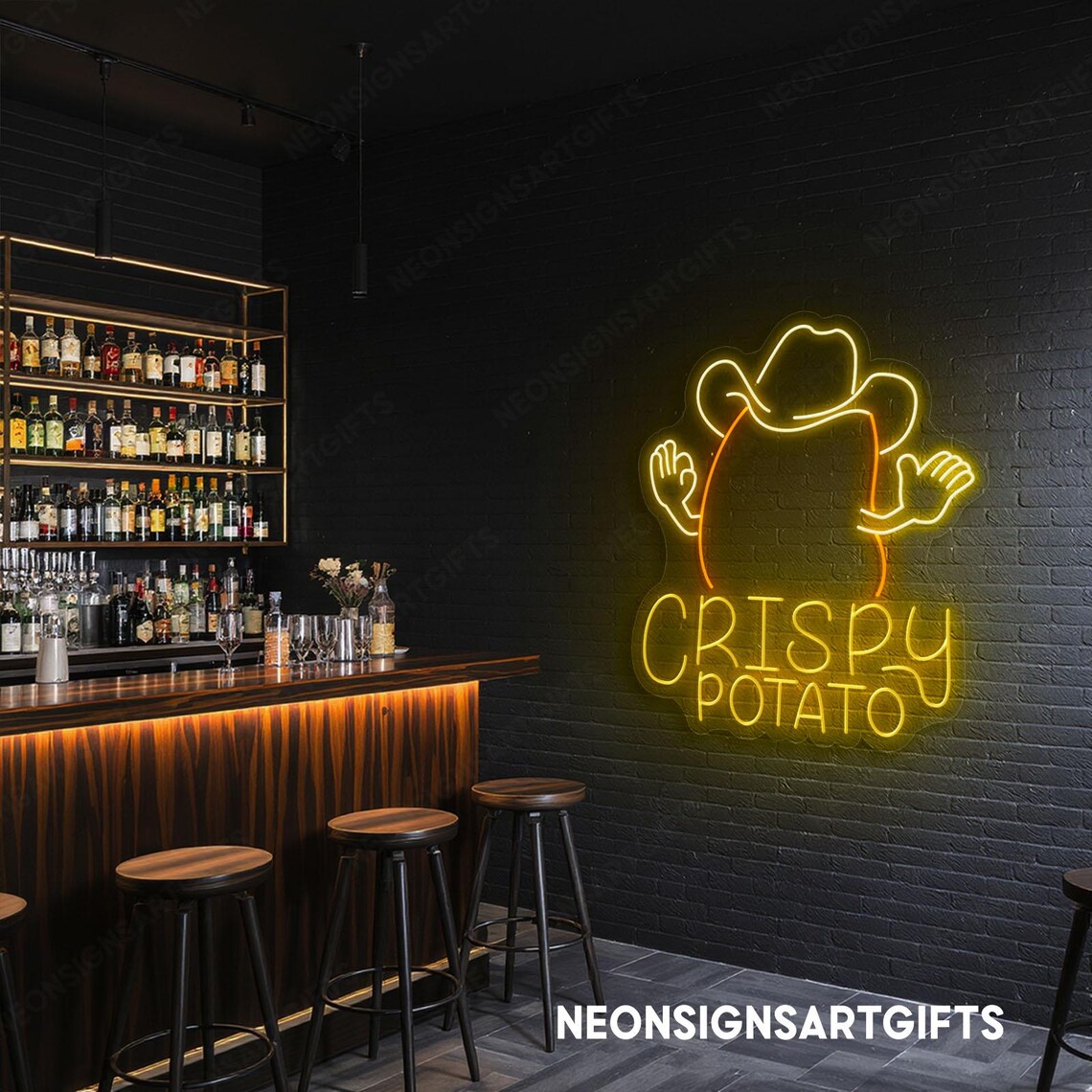 Crispy Potato Neon Sign, Crisps Fries Cowboy Spud Led Wall Light ...