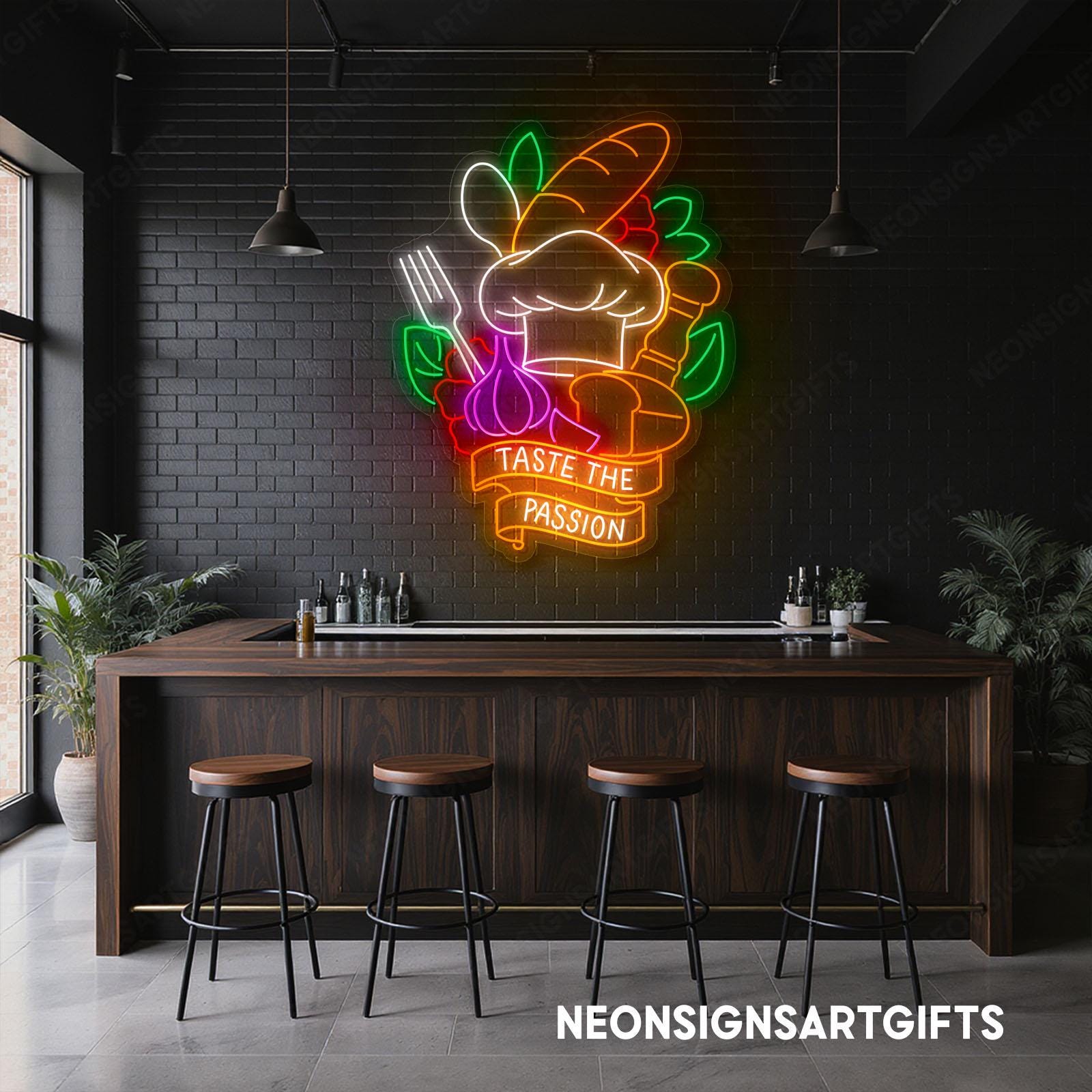 Taste the Passion Quote Neon Sign, Culinary Neon Light Chef Hat Outline ...