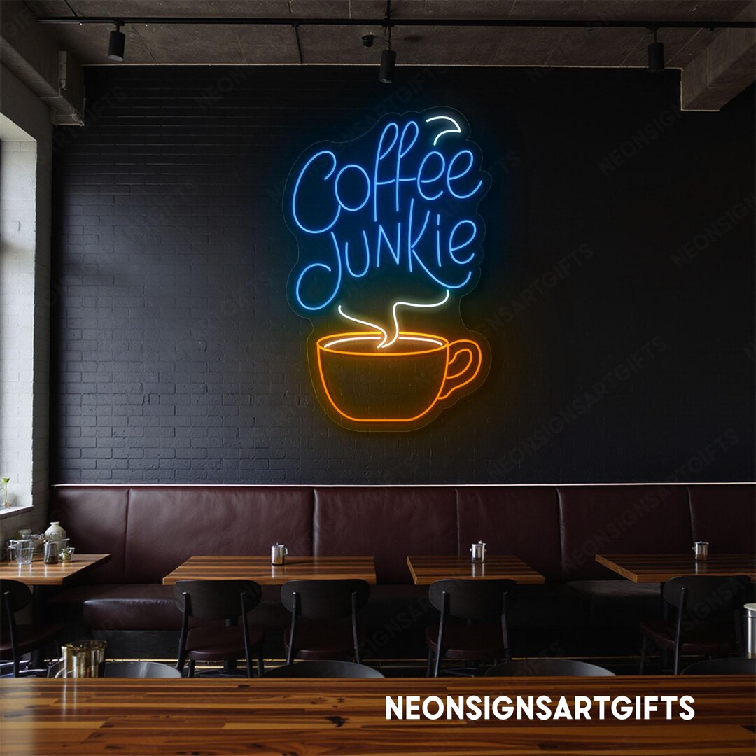 Coffee Junkie Script Text With Steaming Cafe Cup Outline Led Neon Light ...