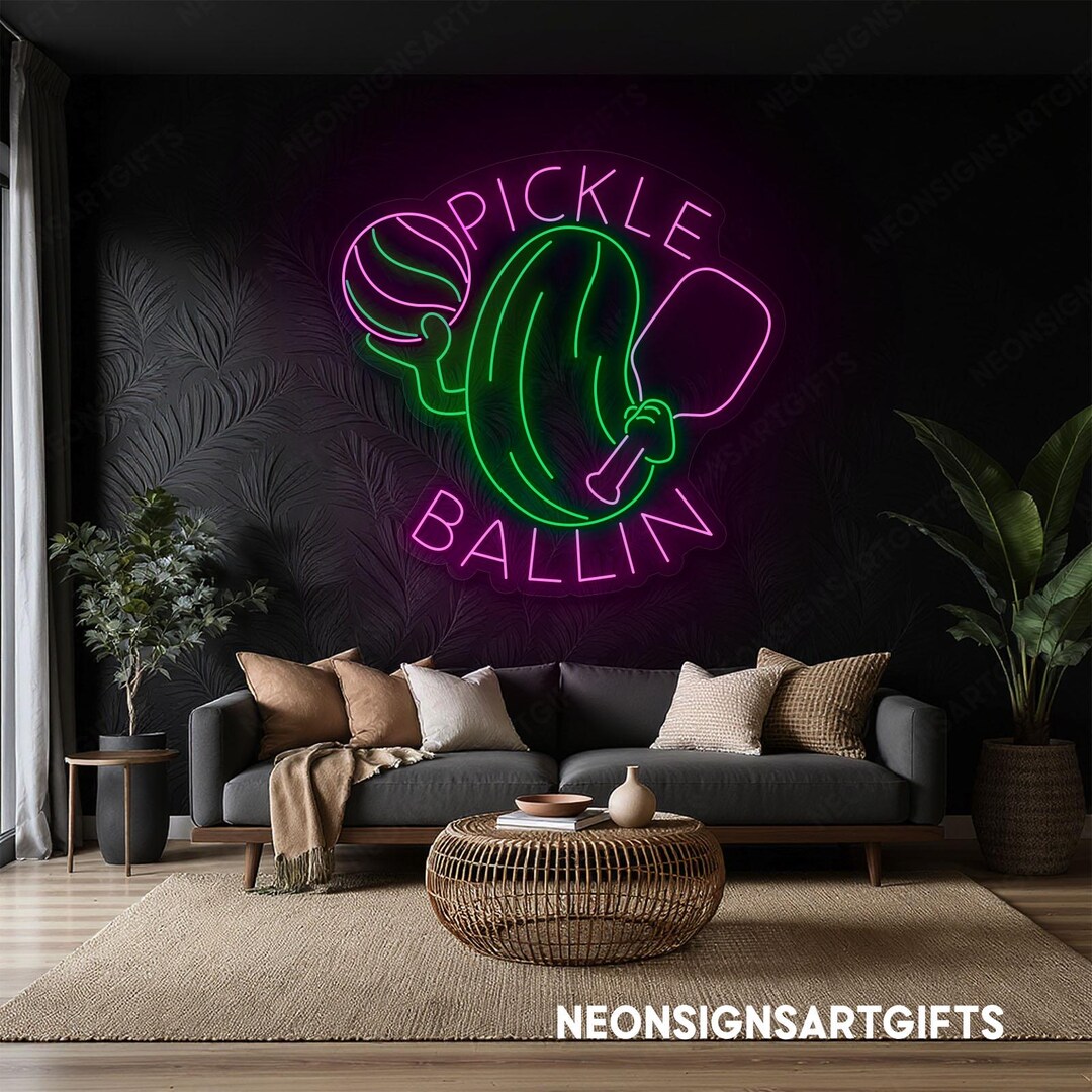 Pickleball Sport Neon Sign “pickle Ballin” Led Light With Paddle & Ball ...